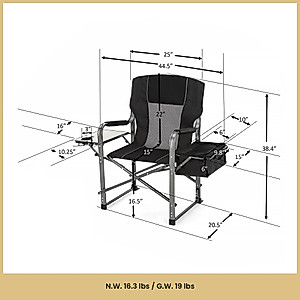 ARROWHEAD OUTDOOR Folding Director’s Chair w/Side Table & Integrated Cooler, Cup Holder, Storage Pouch, Supports up to 450lbs, Carrying Case, Steel Frame, High-Grade 900D Canvas, Black (KKS0292U)