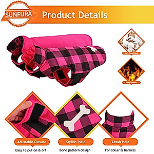 SUNFURA Plaid Dog Coat, British Style Dog Winter Jacket Outdoor Dog Vest with Windproof Collar and Leash Hole, Buffalo Plaid Dog Cold Weather Coats Warm Clothes Pet Apparel for Small Medium Large Dogs