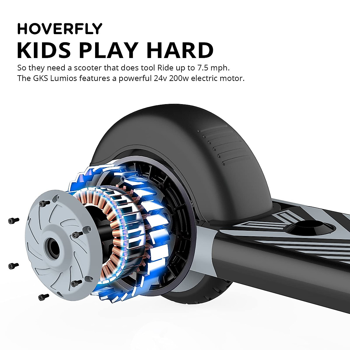 HOVERFLY GKS Lumios Kids Electric Scooter, 6" LED Flash Wheel & Deck Lights, Max 7.5mph Power by 150W Motor and 6.25 Miles, Scooter for Kids Ages 6-12, Gray