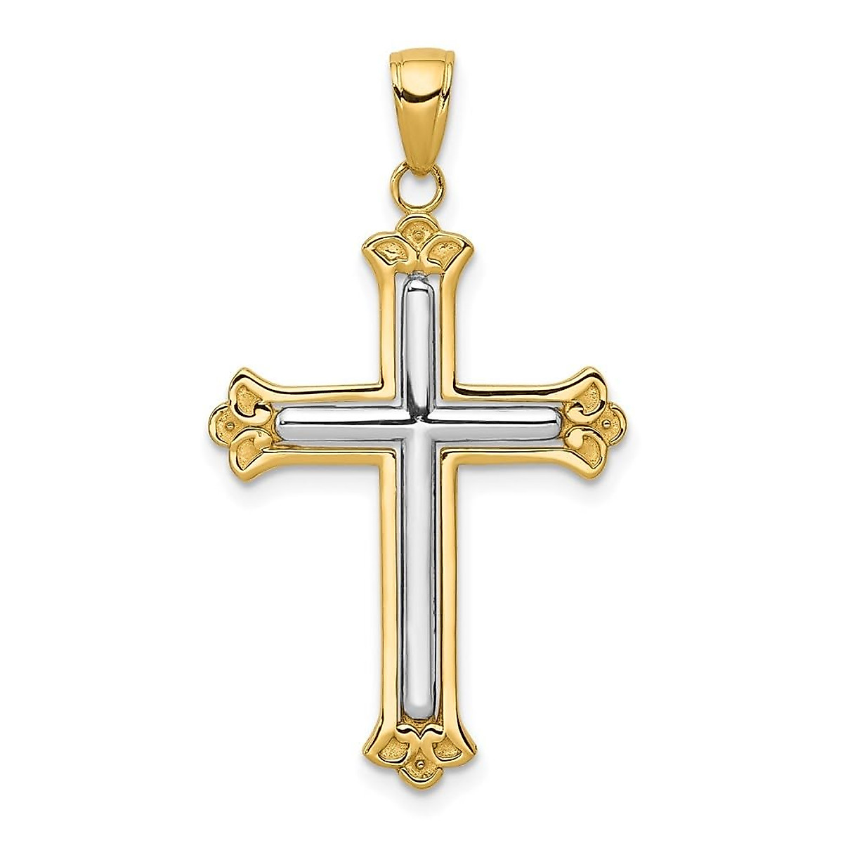 Diamond2Deal 14K Yellow Gold And White Religious Crucifix Cross Budded Religious Crucifix Cross Frame Pendant