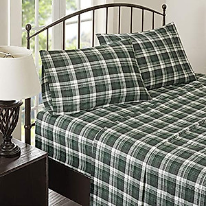 Woolrich Flannel 100% Cotton Sheet Set Warm Soft Bed Sheets with 14" Elastic Pocket, Cabin Lifestyle, Cold Season Cozy Bedding Set, Matching Pillow Case, Queen, Green Plaid, 4 Piece