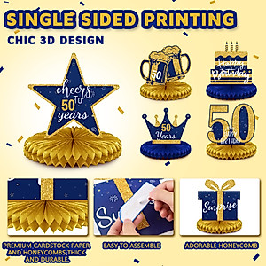 Spakon 8 Pieces 50th Birthday Decorations Glitter 50th Happy Birthday Honeycomb Centerpieces for Tables Fifty Years Blue and Gold Party Decorations Men and Woman Birthday Decorations