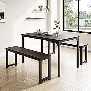 IMUsee 45" Dining Table Set for 4, 3-Pieces Kitchen & Dining Room Sets with Benches, Metal Frame and Wood Board, Sturdy Structure, Easy Assembly, Small Space Dinette, Black & Black