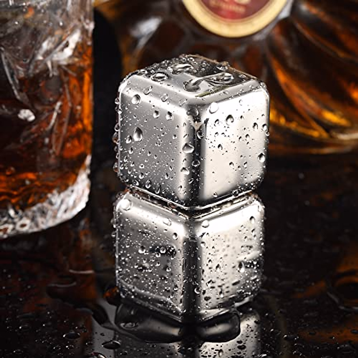 2 Large Whiskey Stones 64 cm³ (4 cu in) - Man Gift Set - Reusable Stainless Steel Metal Ice Sphere Cubes Beverage Chilling Rocks Whiskey Stones for Red Wine, Bar Beer, Scotch, Vodka Drinks - Silver