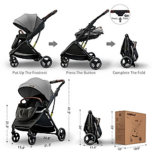 Coballe Lightweight Foldable Baby Stroller: 2 in 1 Infant & Toddler Pram Stoller in High Landscape with Convertible Reversible Bassinet | Pushchair with Adjustable Backrest Anti Shock(Gray)