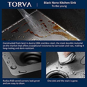TORVA 25 x 18 Inch Gloss Black Ceramic Coating with NanoTek Undermount Kitchen Sink, PVD Coated Gunmetal Sink,16 Gauge Stainless Steel Wet Bar or Prep Sinks Single Bowl, Dark Gray
