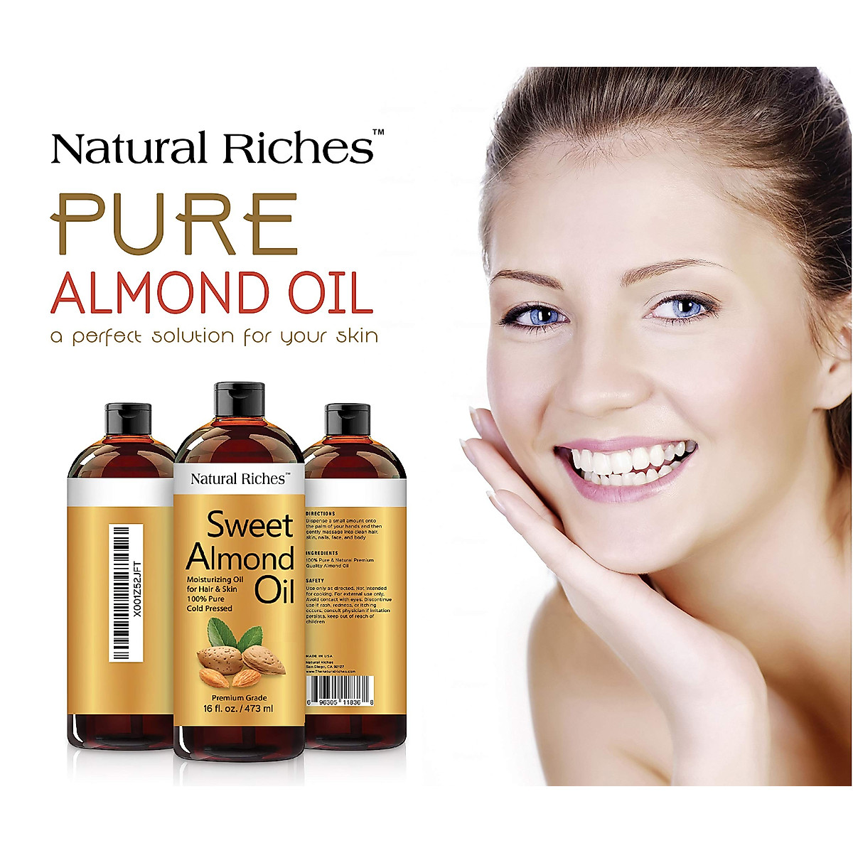 Natural Riches Sweet Almond Oil Cold Pressed, Triple A Grade, Pure and Natural Hexane free Soothing Vitamin E Oil for Skin, Facial Polish, Full Body Massages, Made in USA 16 FL oz.