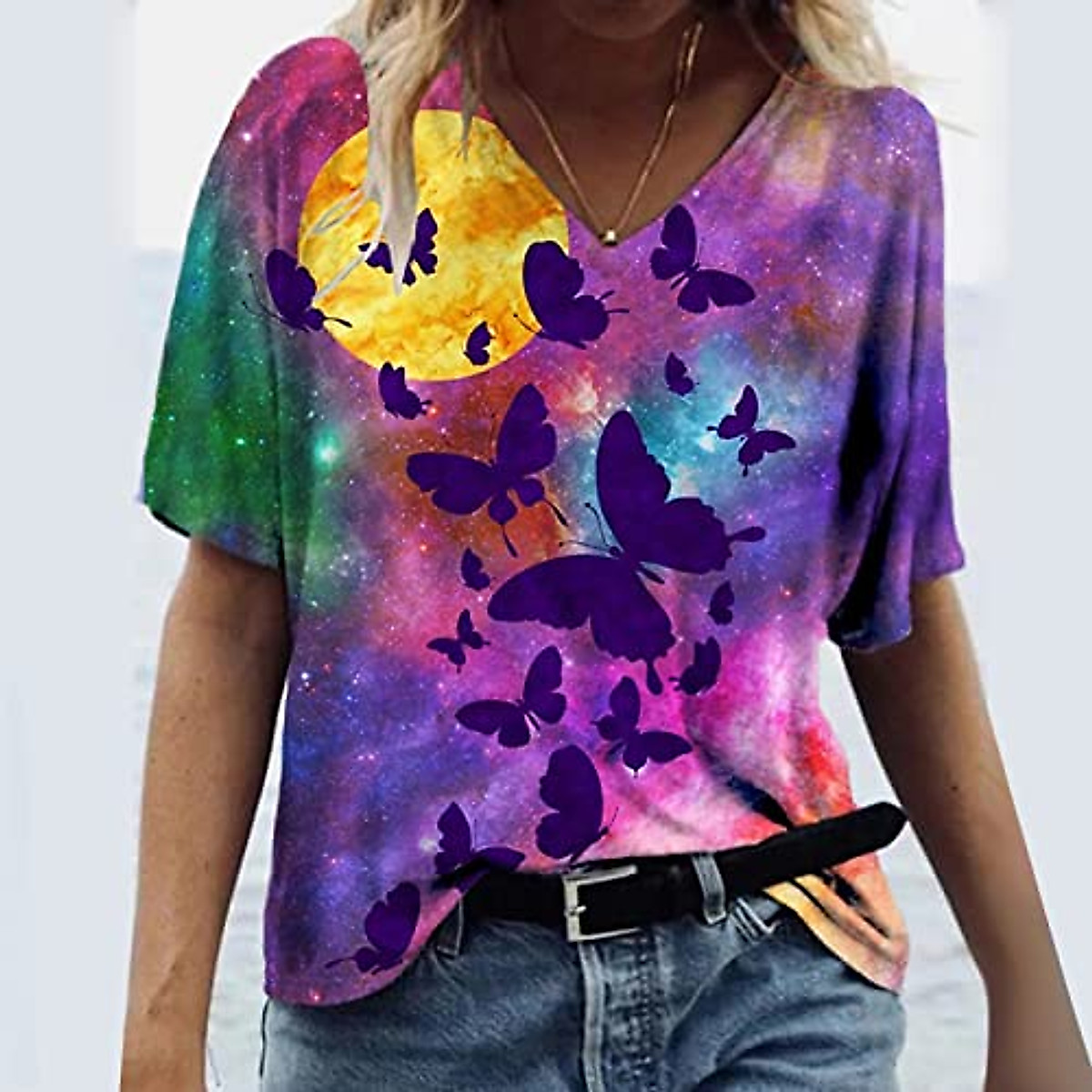 Plus Size Tops for Women Dressy Summer Trendy Short Sleeve V Neck T Shirts Rainbow Tie Dye Graphic Tees Loose Blouses