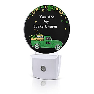 St.Patrick Day Truck Gold Coins Clover Night Lights Plug into Wall, Green Black Auto Round LED Lights with Dusk to Dawn Sensor for Bedroom, Bathroom, Hallway, Kitchen, Kids, Home Decor