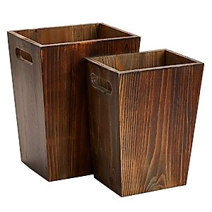 2 Piece Rustic Style Wood Trash Can Set, Farmhouse Square Wastebasket Bin with Handles for Home or Office (Brown, Small & Large)