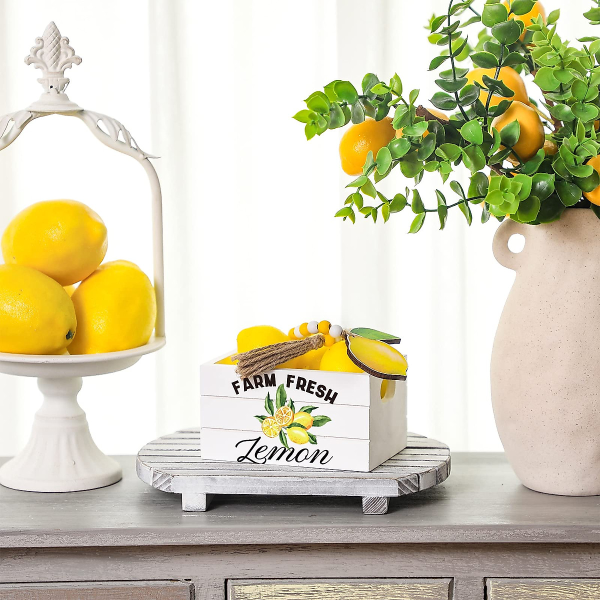 Qunclay Lemon Mini Crate Summer Tiered Tray Decor with 8 Faux Lemons with Wood Bead Tassel Farmhouse Lemonade Kitchen Decorations Summertime Wood Crate for Party Decor