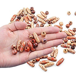 100 Pieces Round Printed Pattern Wooden Beads Oval Shape Wood Loose Spacer Beads for DIY Jewelry Making Hair Crafts, 2 Sizes