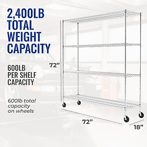 SafeRacks - NSF Certified Storage Shelves, Zinc, Heavy Duty Steel Wire Unit with Wheels and Adjustable Feet, Garage or Bakers Rack, Kitchen, Pantry Shelf - (18"x72"x72" 4-Tier) (Silver)