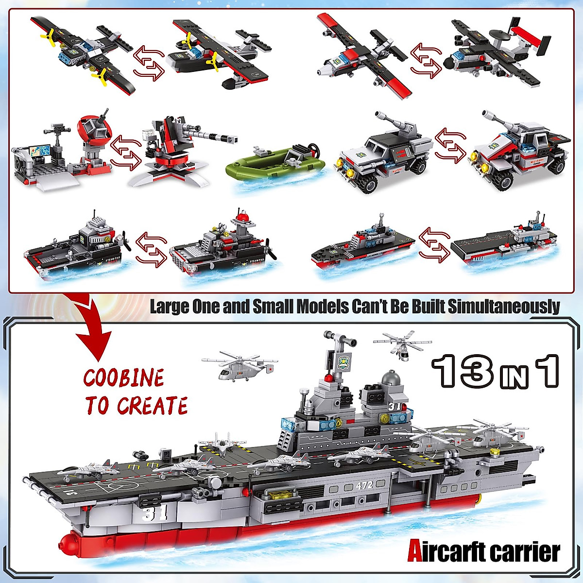 1161 Pieces Aircraft Carrier Building Blocks Set, 13 in 1 Military Battleship Model Building Toy Kit with Armored Tank, Fighter, Patrol Boat & Cannon Roleplay STEM Construction Toys Gift for Kids 6+