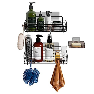 2-Pack Adhesive Shower Caddy With 4 Magic Hooks and 1 Pack Soap Dishes, No Drilling Rustproof Stainless Steel Eaeregs Shower Organizer for Inside Shower & Kitchen Storage(Matte Black Round wire style)