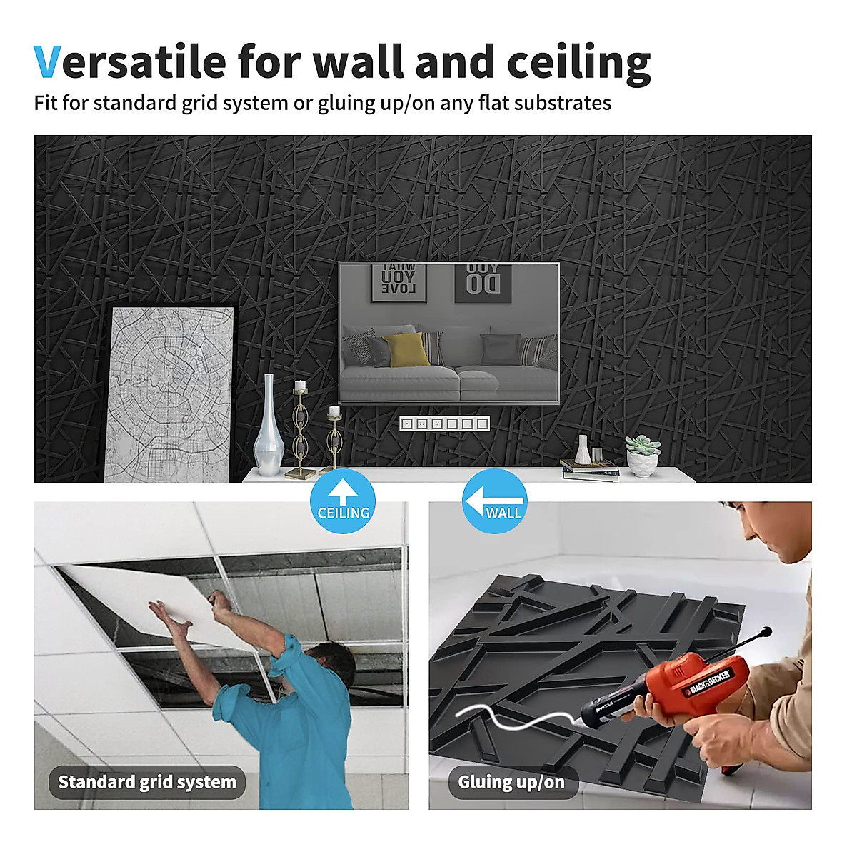 Art3d PVC Decorative Textures Black 3D Wall Panels for Interior Wall Décor, Black Wall Decor,Pack of 12 Tiles 32 Sq Ft