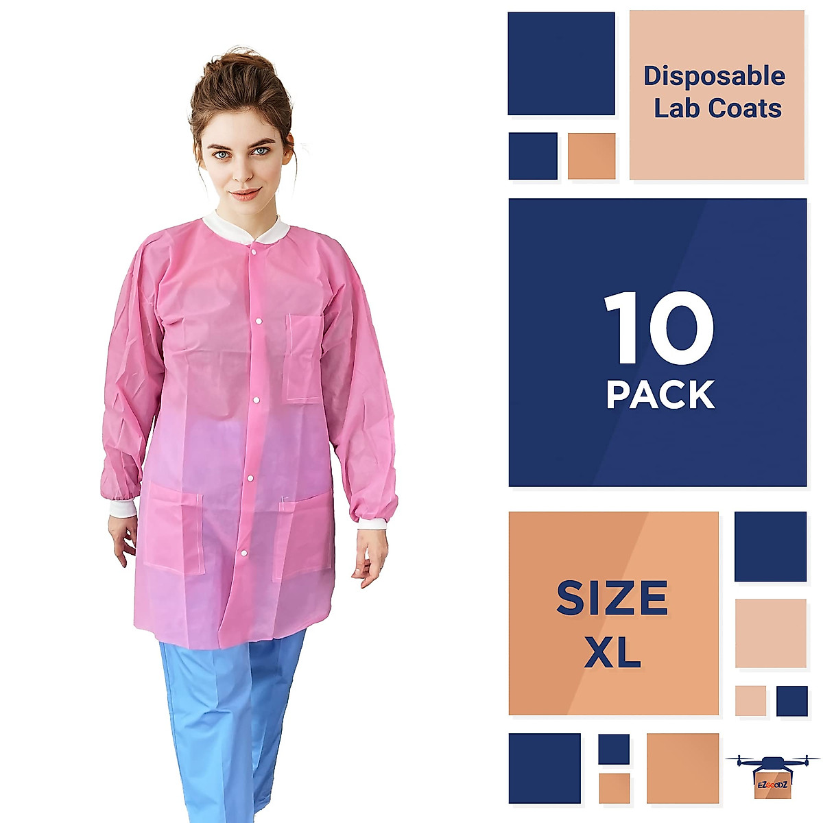 EZGOODZ Light Pink Disposable Lab Coats for Adults, X-Large. 10 Pack Medical PPE Coat. SPP 45 GSM Painting Lab Coat with Cuffs, Collar, Plastic Snaps, 3 Pockets. Splash-Proof Disposable Coats Medical