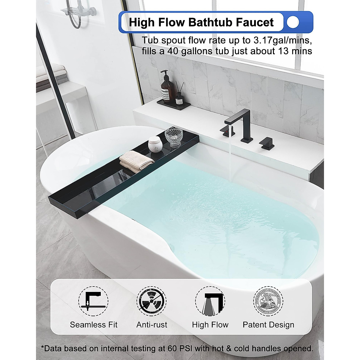 HEYMYTAP High Flow Bath Tub Faucet, Roman Bathtub Faucet Black Tub Faucet Set Solid Brass Soaking Tub Faucet 2 Handle Bathtub Faucets Deck Mount Quiet Longer Spout Reach 5.3 inch No Leaks