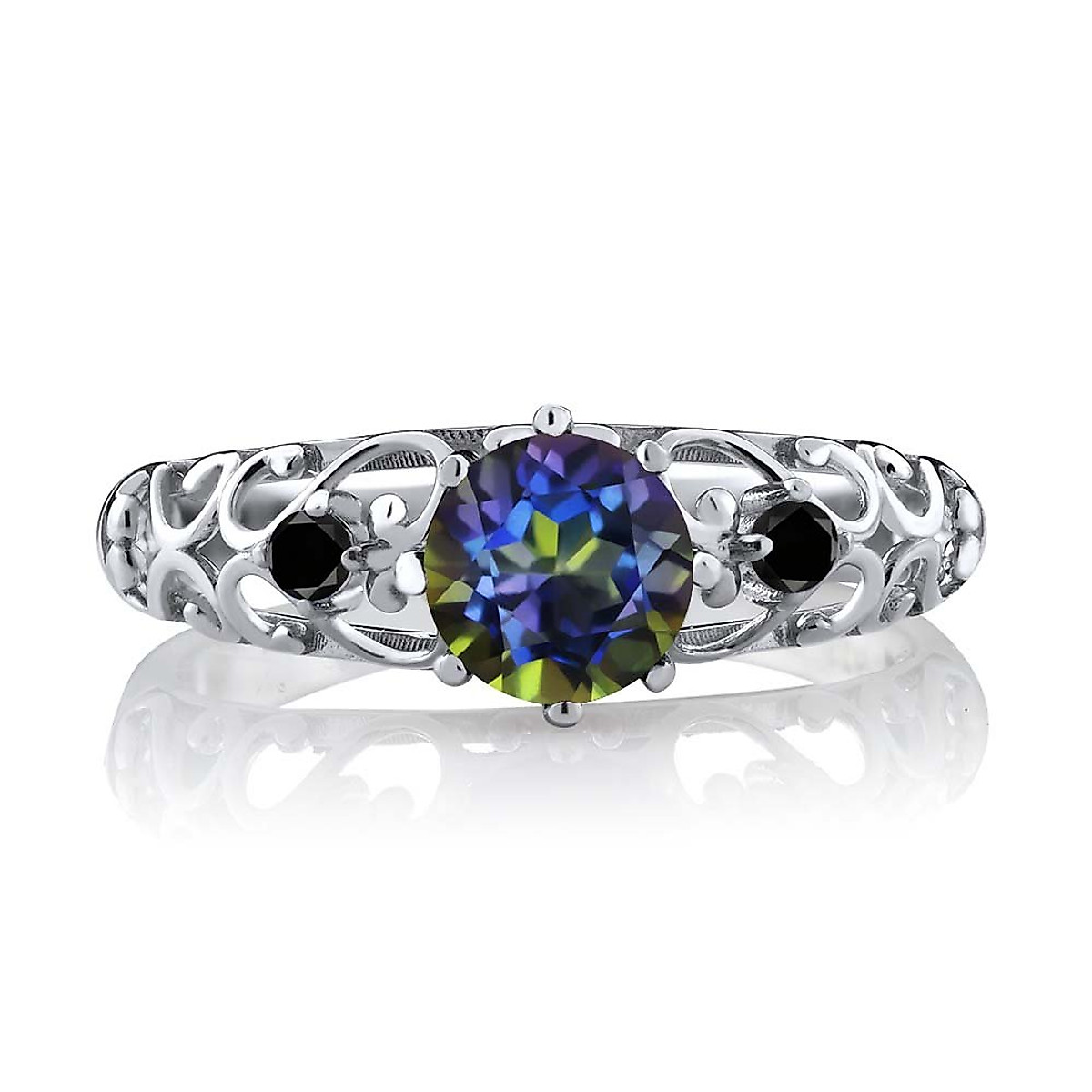 Gem Stone King 925 Sterling Silver Round Blue Mystic Topaz and Black Diamond Women's Ring (1.11 Cttw, Gemstone Birthstone, Available In Size 5, 6, 7, 8, 9)