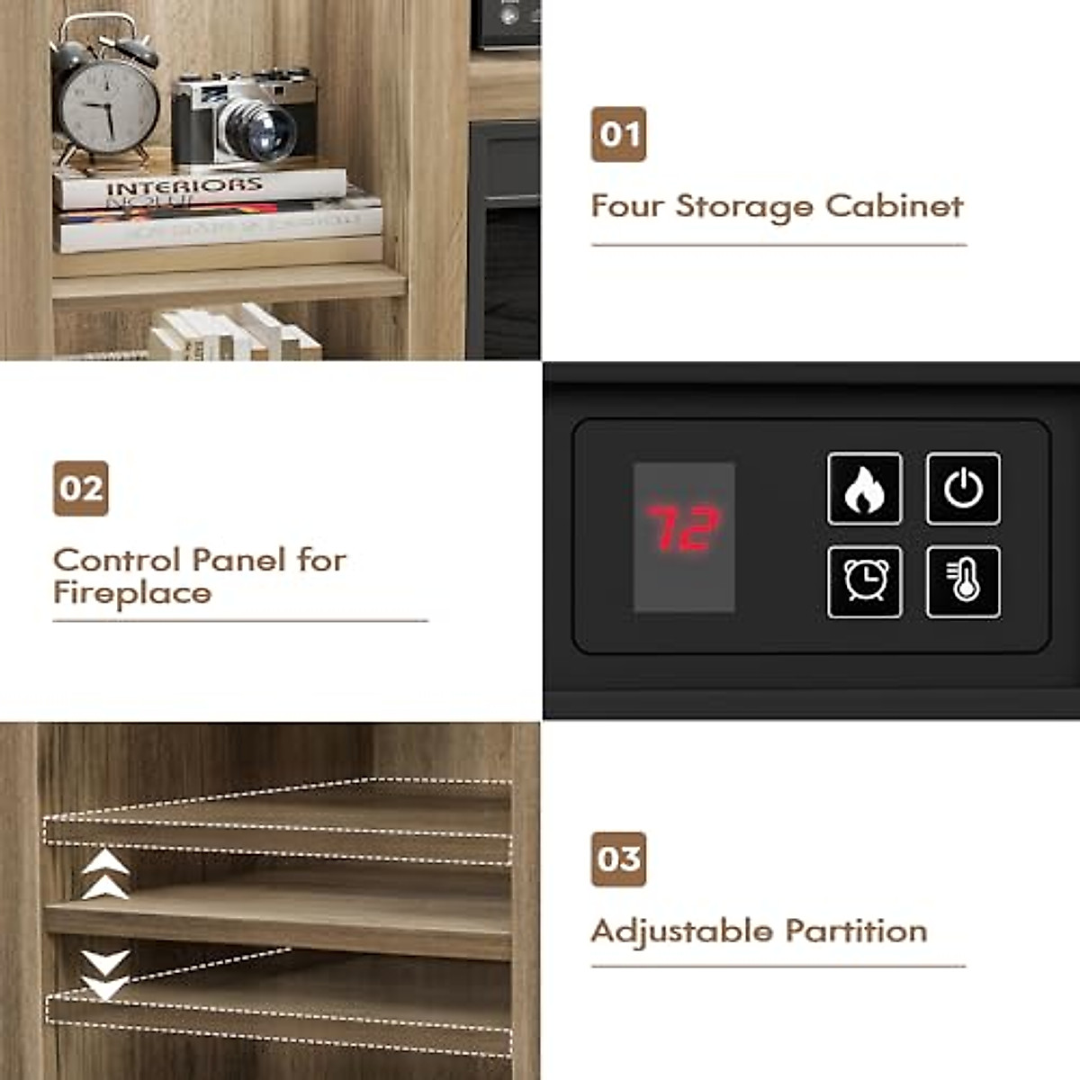 YESHOMY Electric Fireplace TV Stand for Televisions up to 65+ Inch, Media Entertainment Center Console Table with Four Open Storage Shelves & Cabinets, 58 Inch, Barnwood