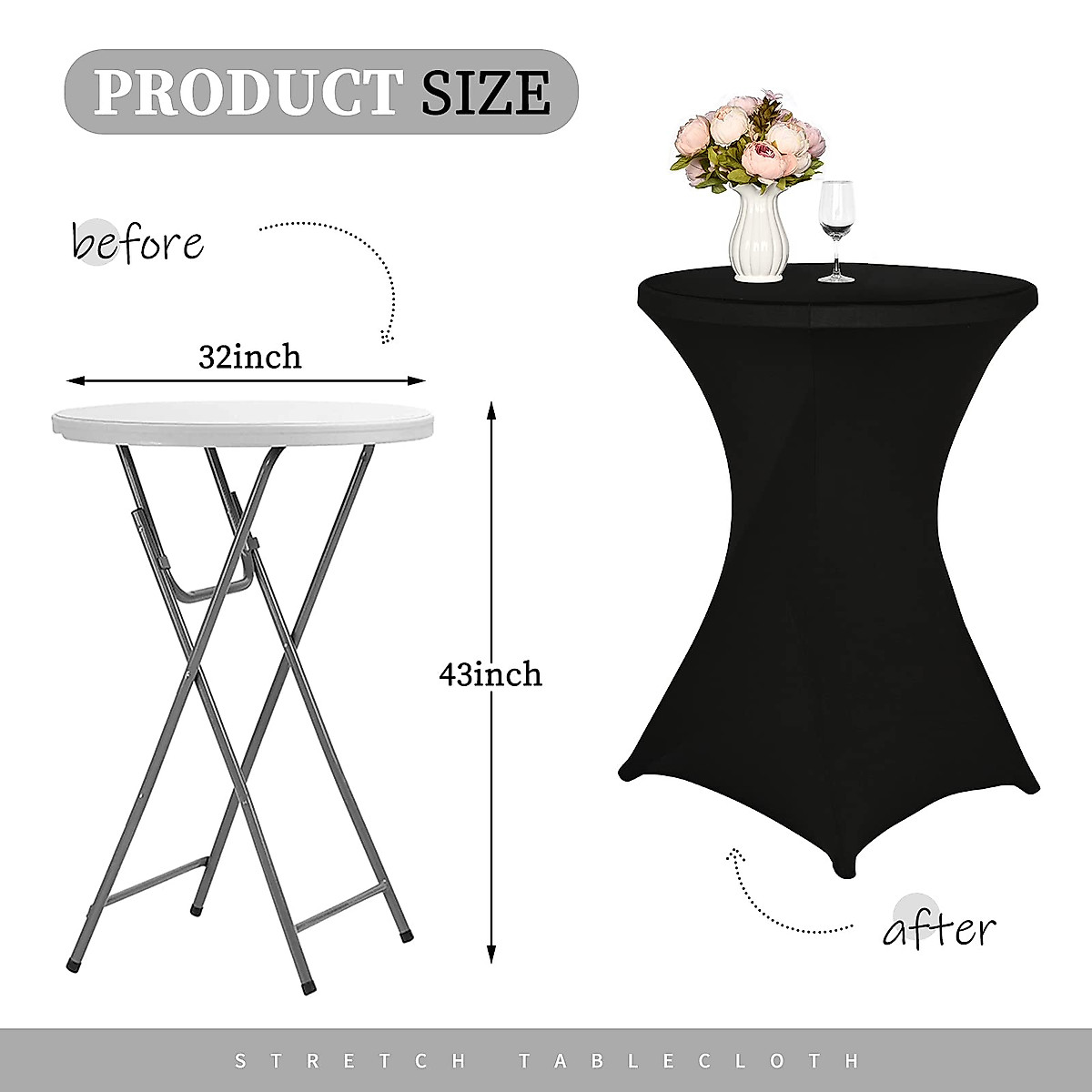 LOKUME 4 Pack Cocktail Spandex Stretch Square Corners Tablecloth 32" x 43" Black Cocktail Table Covers, Fitted High Top Spandex Cocktail Table Tablecloth for Bar Wedding Cocktail Party Banquet