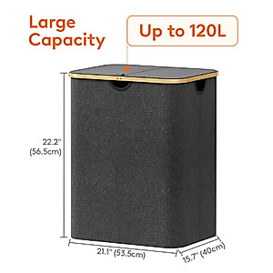 Lifewit 120L Laundry Basket with Lid, Clothes Hampers for Laundry with Bamboo Handles and A Removable Laundry Bag, Large Foldable Laundry Hamper for Bedroom, Bathroom, Dorm, Laundry Room, Dark Gray