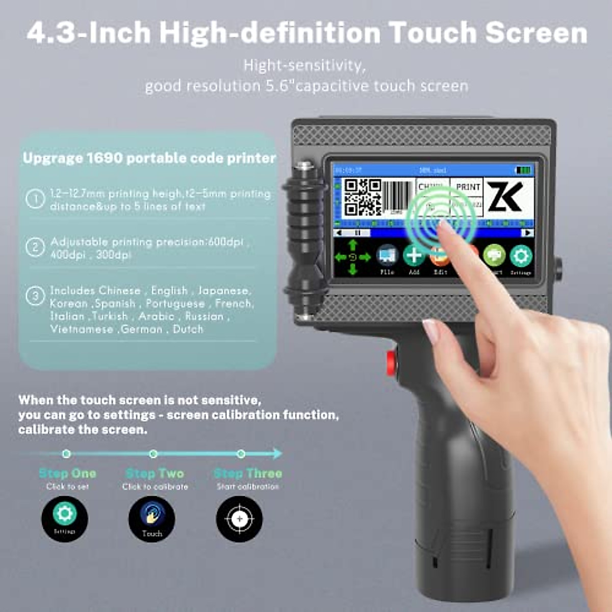 Portable upgrading handheld inkjet printer ZK-1690 with 4.3 Inch Touch Screen Quick-Drying Handheld Inkjet Printer (Support 22 Languages Including English, German, French, Japanese, Italian, etc.)
