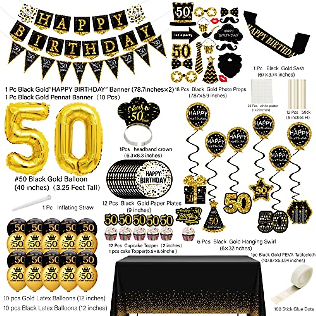 50th birthday decorations for men women - (76pack) black gold party Banner, Pennant, Hanging Swirl, birthday balloons, Tablecloths, cupcake Topper, Crown, plates, Photo Props, Sash for gifts