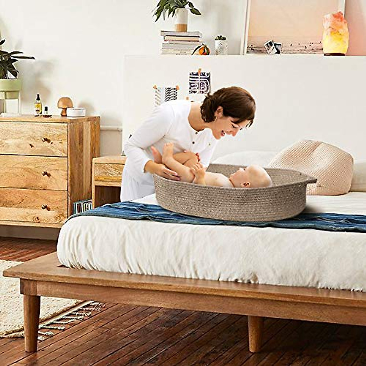 Baby Changing Basket - Moses Basket Changing Table Topper and Thick Foam Pad with Removable Cotton Mattress Cover, 100% Cotton Boho Nursery Decor with Storage Bag (BBYCHGBSKT01)