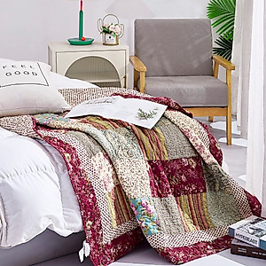 Tache Cotton Patchwork Quilt Blanket Country Farm Cottage Vintage Antique Ditsy Floral Paisley Burgundy Beige Lightweight Coverlet Fairy Tale Tea Party Quilted Throw Blanket, 50x60