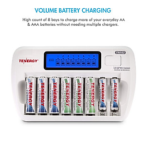 Tenergy AA AAA Rechargeable Battery and Charger Combo TN162 8-Bay Smart LCD AA/AAA NiMH/NiCd Charger + 8 AA & 8 AAA NiMH Rechargeable Batteries