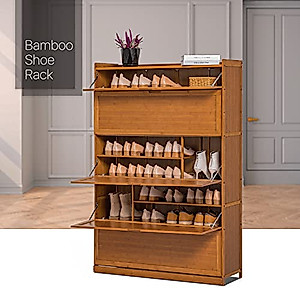 MoNiBloom Bamboo 9-Tier Shoe Organizer Contemporary Cabinet with Door 41-Pair Heels Boots Compartment, Hallway Entryway, Brown