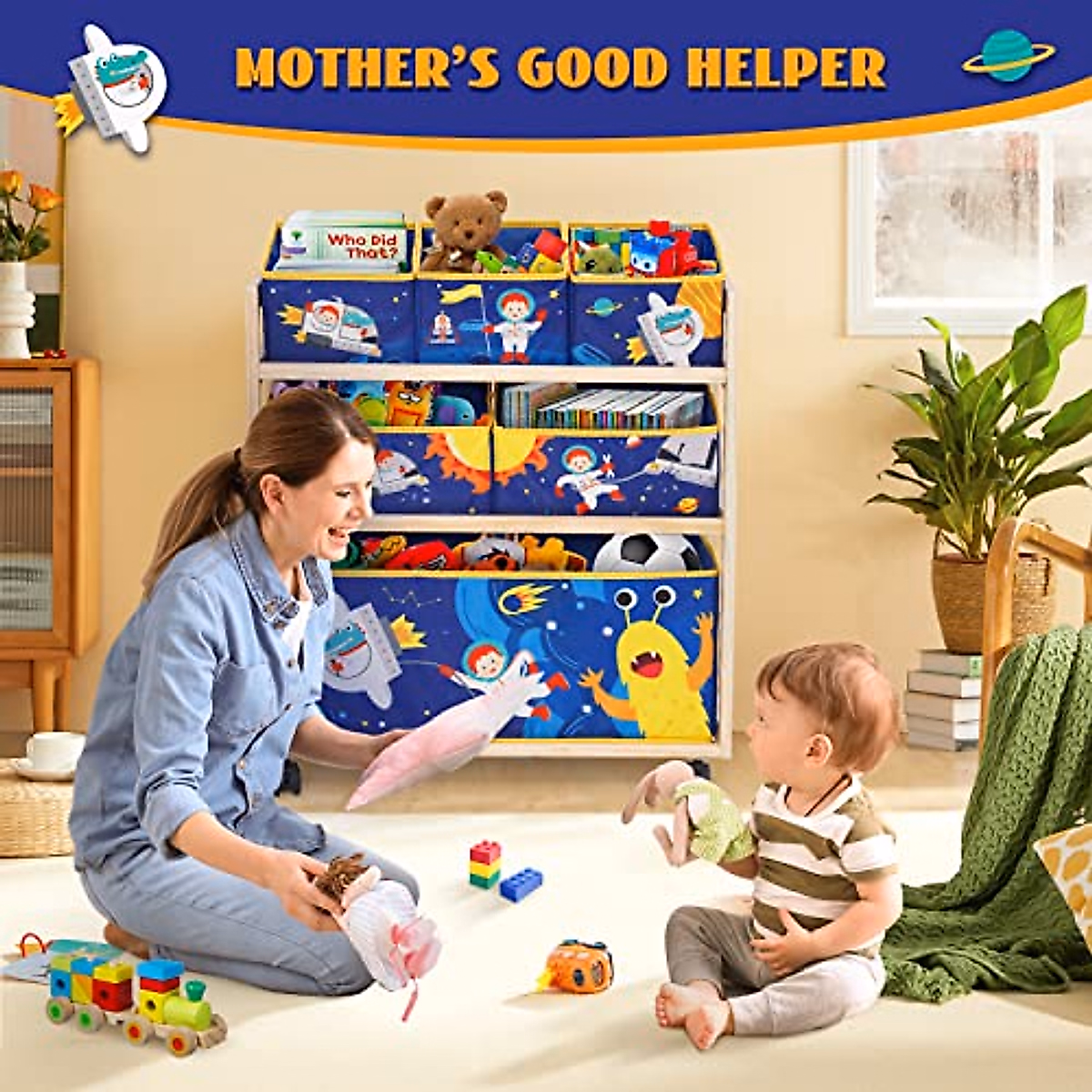 Kids Toy Storage Organizer with 6 Oxford Cloth Bins and 4 Wheels,Wooden Children Storage Rack,Extra Large Capacity Bookshelf Bookcase Display Stands Shelf Multi Cabinet for Books Toys