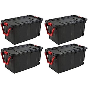 Sterilite 14699002 40 Gallon/151 Liter Wheeled Industrial Tote, Black Lid & Base w/Racer Red Handle & Latches, 4-Pack