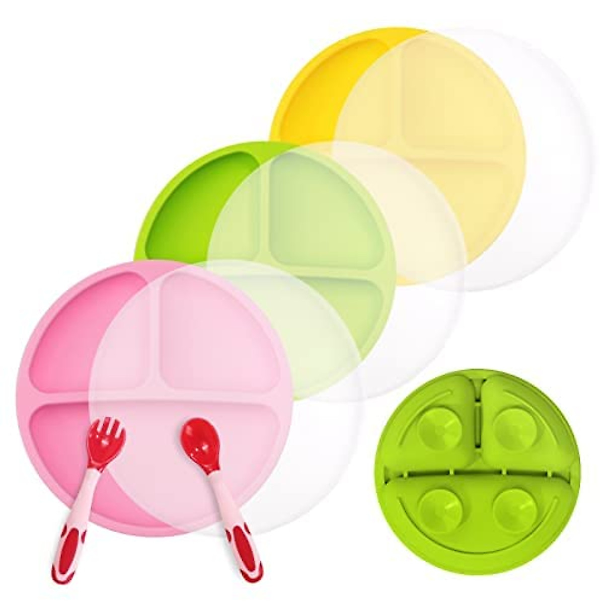 Wee me Suction Plates for Babies & Toddlers - Silicone Plates with Lids and Spoon Fork For Baby, Dishwasher and Microwave Oven Safe, 3 Pack (Green, Pink & Yellow)