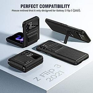 Caka Compatible for Galaxy Z Flip 3 5G Kickstand Case, Z Flip 3 Case with Camera Protector Hinge Protection Wireless Charging Cover Case for Samsung Galaxy Z Flip 3 (Carbon Fiber Black)