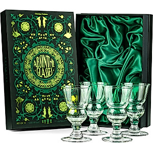Vintage Crystal Absinthe, Sambuca, Raki, Pastis, Ouzo Glasses | Set of 4 | Short Stemmed 6.5 oz Goblets with Bubble Reservoir for Drinking Green Fairy | Handblown Small Wine Bistro Glassware