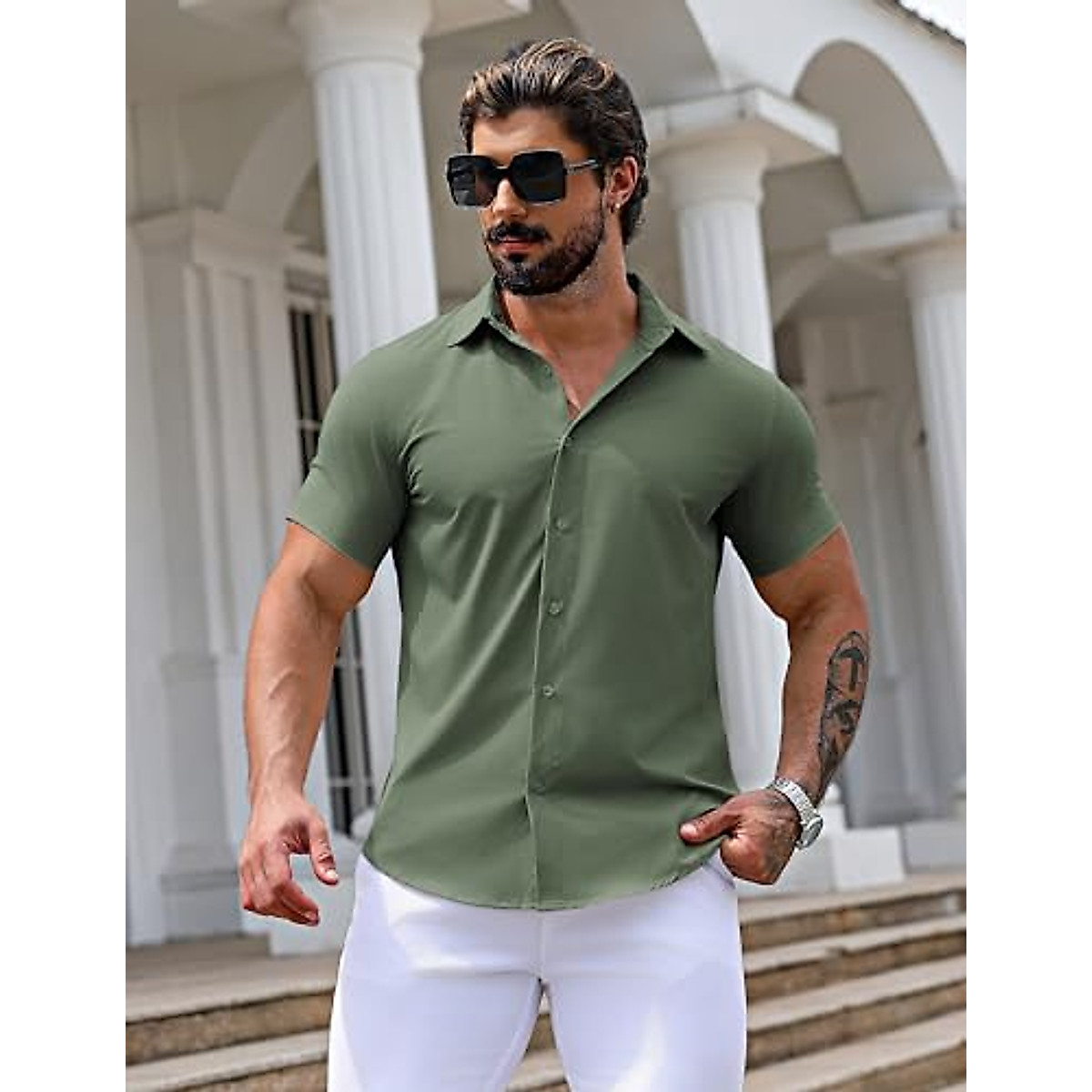 URRU Men's Muscle Dress Shirts Slim Fit Stretch Short Sleeve Casual Button Down Shirts for Men Army Green M