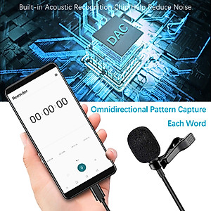 IUKUS USB Type C Lavalier Lapel Microphone,[DAC Chip] Professional Omnidirectional USB-C Lavalier Microphone with Easy Clip On System Compatible with IP@d Pro 2018 2019 Go0gle Pixel 2 3 XL M0to Z