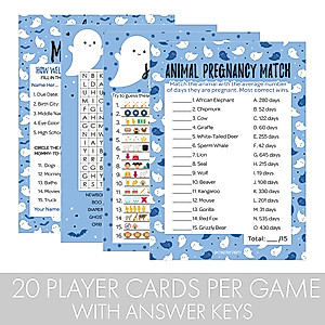 Blue A Little Boo is Almost Due Boy Baby Shower Game Pack, Emoji - Word Search - Who Know Mom Best - Pregnancy Match - 20 Guests, Halloween Baby Shower (4 Game Value Pack 2)