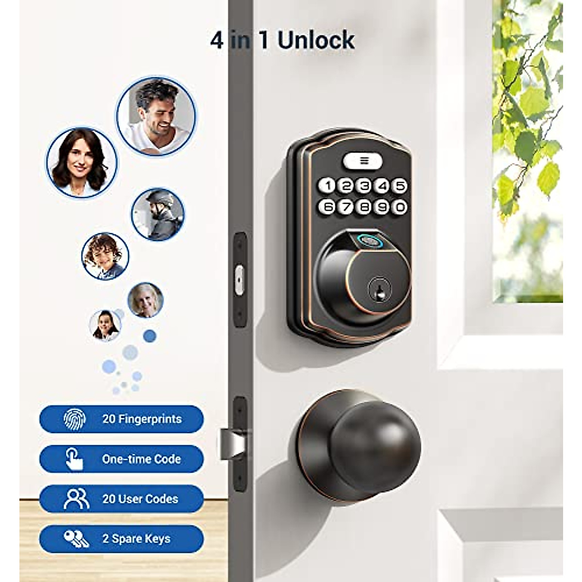 Veise Fingerprint Door Lock, Keyless Entry Door Lock, Electronic Keypad Deadbolt with Keys, Biometric Smart Locks for Front Door, Auto Lock, Anti-Peeking Password, Easy Installation, Oil Rubbed Bronze