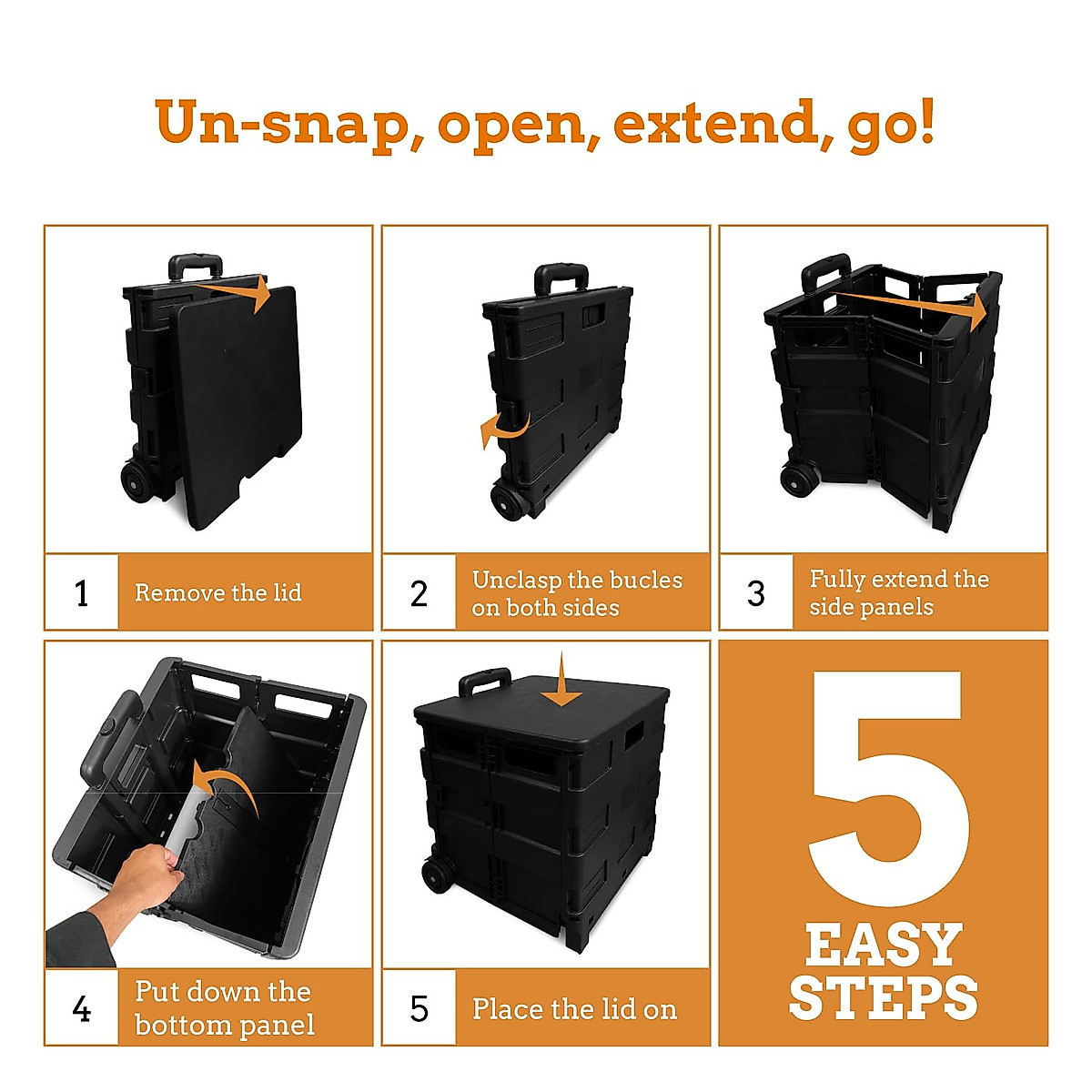 Inspired Living Collapsible Ultra-Slim Pack-N-Roll,2 Wheel Utility Cart w/Lid used as Seat up to 250 Lbs, Telescopic Handle - Super Strong, for Home, Garden, Shopping, Office, School use, Large, Black