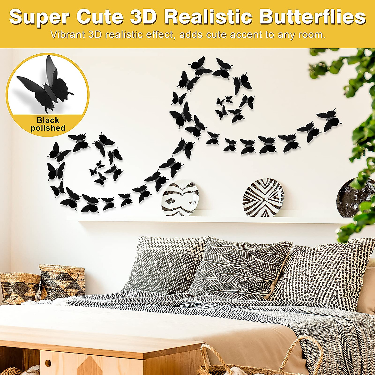 Ryangic 3D Butterfly Wall Decor 48pcs Black Polished Butterflies Wall Stickers 3 Sizes Durable Butterfly Wall Decals DIY Wall Art for Bedroom Living Room Halloween Decoration Party Indoor (Black)