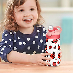 Kigai Ladybug Kids Water Bottle,Insulated Stainless Steel Reusable Metal Thermos Bottles, Leak-Proof Straw Lid, BPA-Free, For Boys,Girls