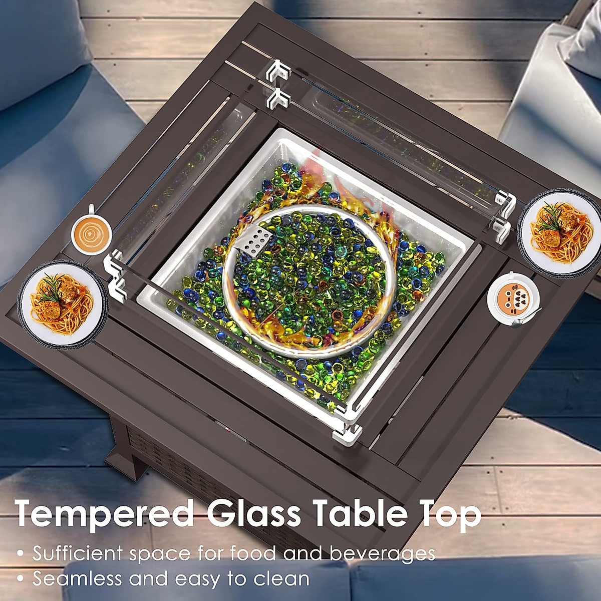 VONZOY 32 Inch Outdoor Gas Fire Pit Table, 50,000 BTU Wicker Propane Firepit w/Glass Tabletop, Glass Wind Guard, Clear Glass Rocks and Cover