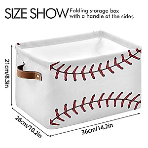 Softball Baseball Lace Rectangular Storage Basket Storage Bin Collapsible Storage Box with Leather Handles Empty Gift Baskets Organizer for Office, Office