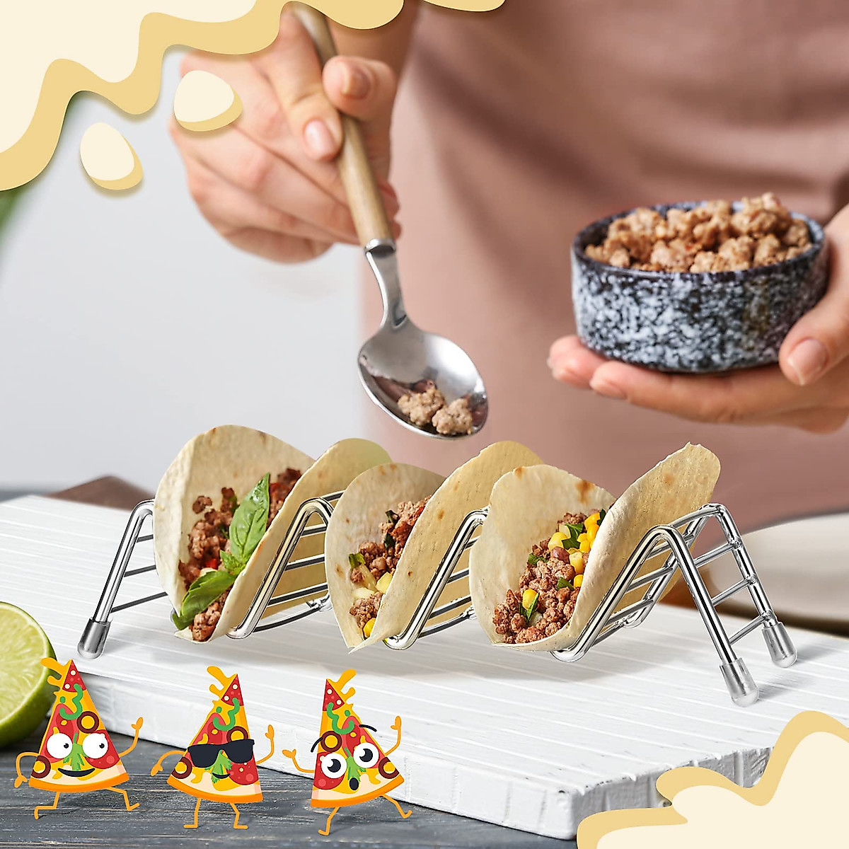 8 Pcs Taco Holders Set Stainless Steel Taco Holder Stand Shell Taco Stand Stackable Taco Plates for Taco Bar Gifts Accessories Rack, Holds 3 or 4 Hard Tacos for Baking as Truck Tray, Dishwasher Safe