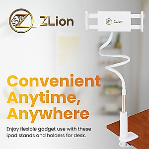 Zlion 360 Degree Tablet Holder, 31-Inch-Long Gooseneck Phone Holder with Clamp, Tablet and Cell Phone Holder for Treadmills or Furniture, Tablet Holder for Online Class, Reading, Watching and More
