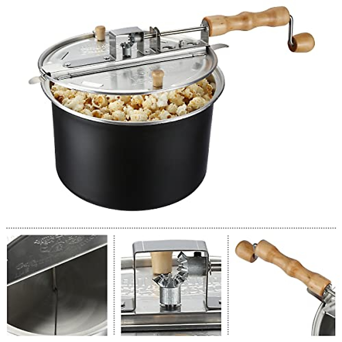 Stovetop Popcorn Maker – 6.5-Quart Popper Pan with Wooden Crank Handle and Internal Kernel Stirrer by Great Northern Popcorn (Black)