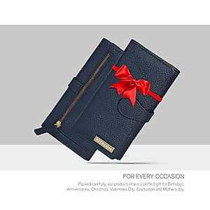 ESTALON Leather Long Bifold Wallet for Women | RFID Blocking | 11 Card Organizer Slots | 3 ID Windows | Trendy Women's Travel Wallet | Ladies Clutch Purse | Gifts for Her | Navy Pebble